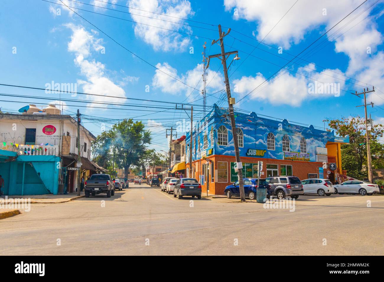 Tulum Mexico 02. February 2022 Driving thru typical colorful street ...