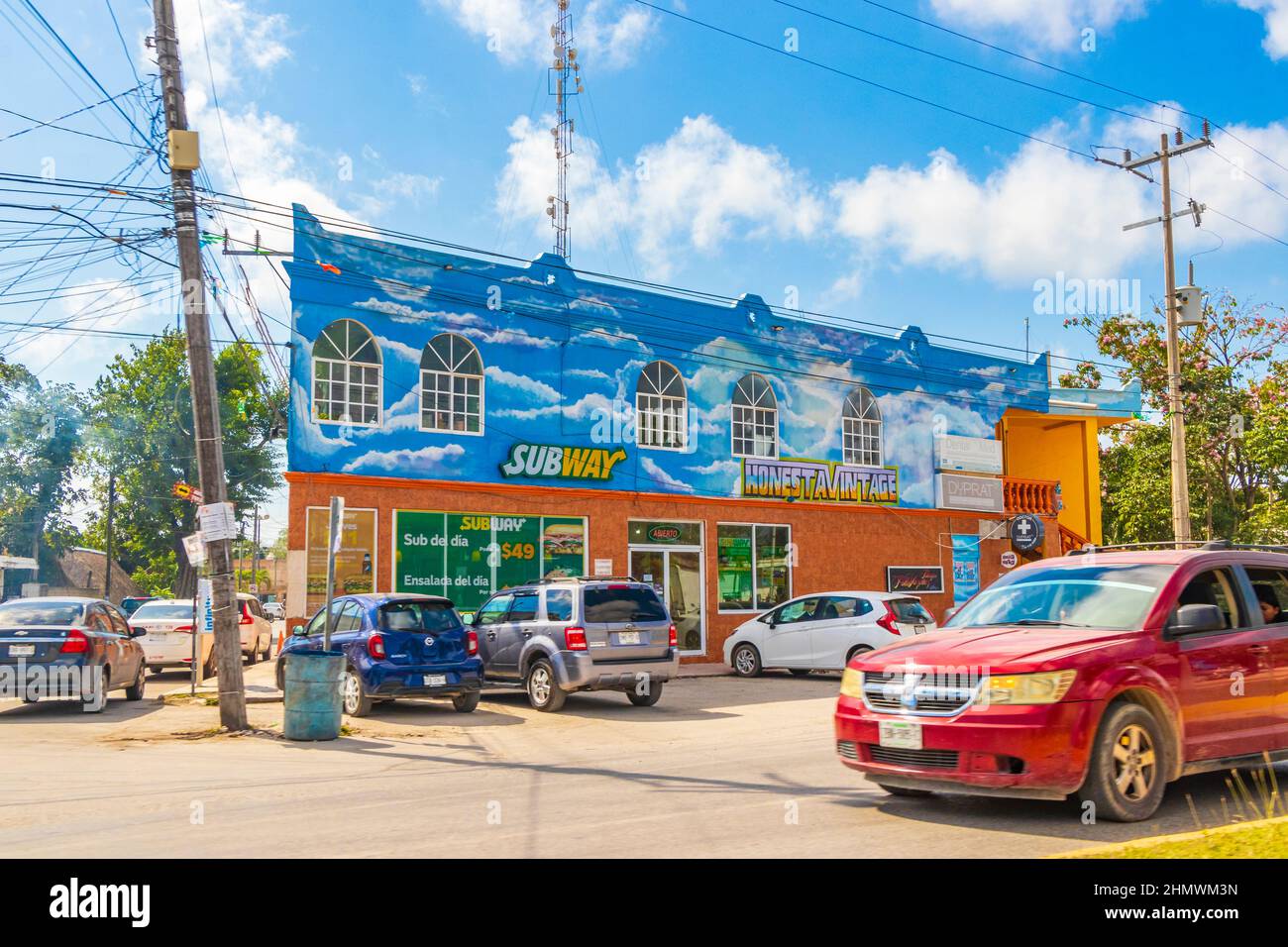 Tulum Mexico 02. February 2022 Driving thru typical colorful street ...