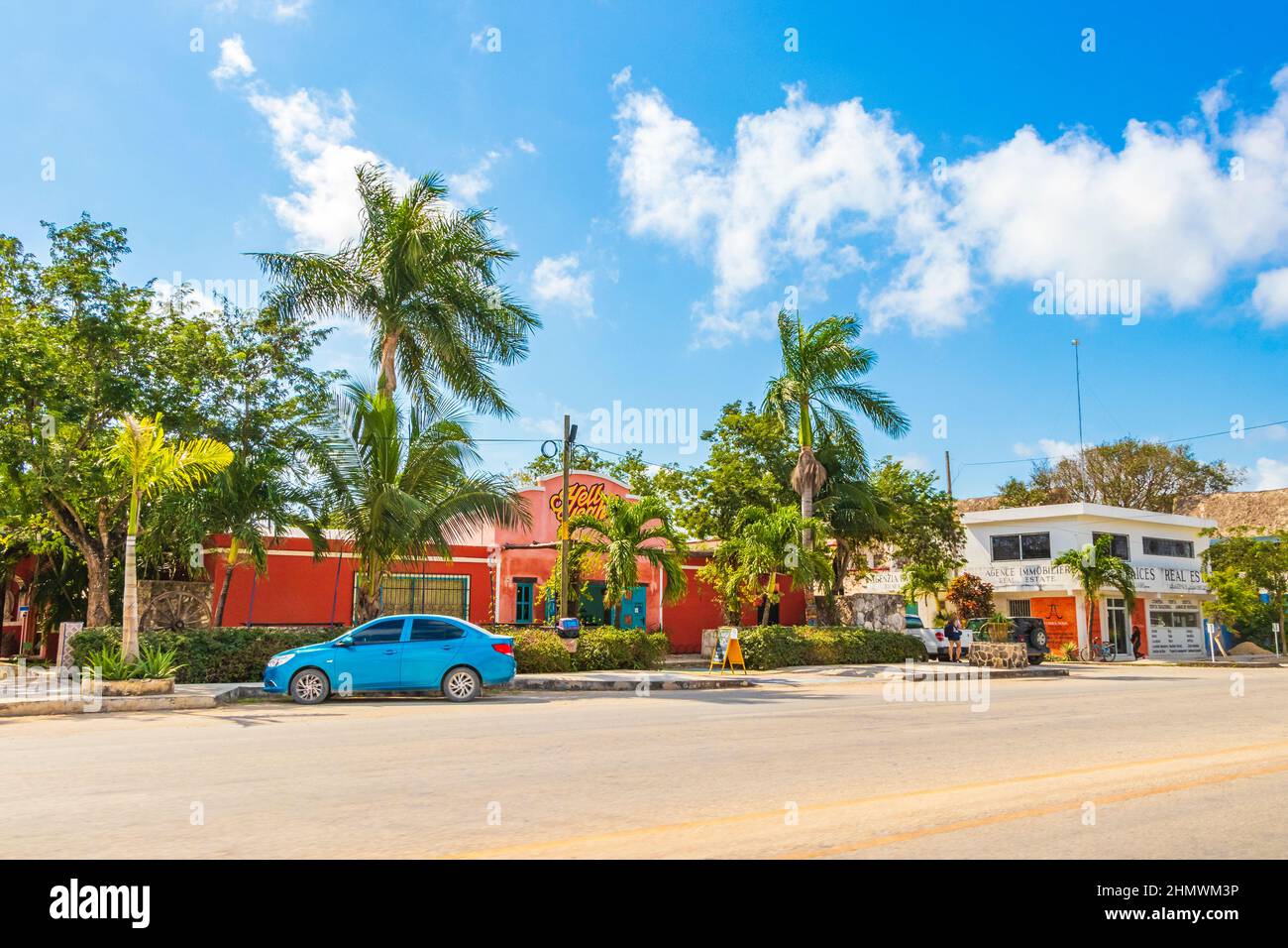 Tulum Mexico 02. February 2022 Driving thru typical colorful street ...