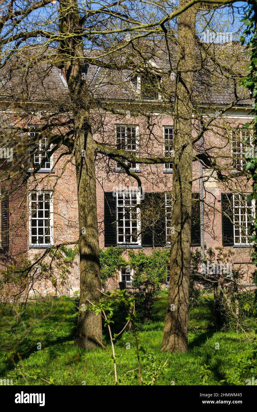 Dutch Mansion with shutters between trees in the sun during spring ...