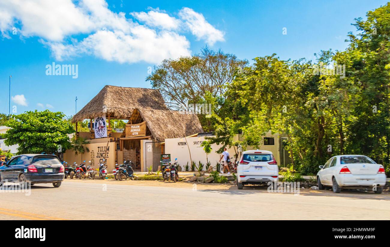 Tulum Mexico 02. February 2022 Driving thru typical colorful street ...