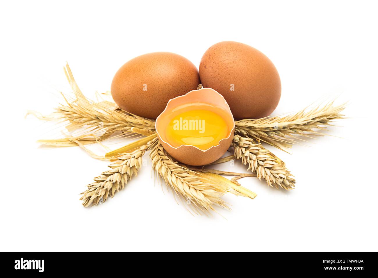 Broken egg with corn on white Stock Photo - Alamy