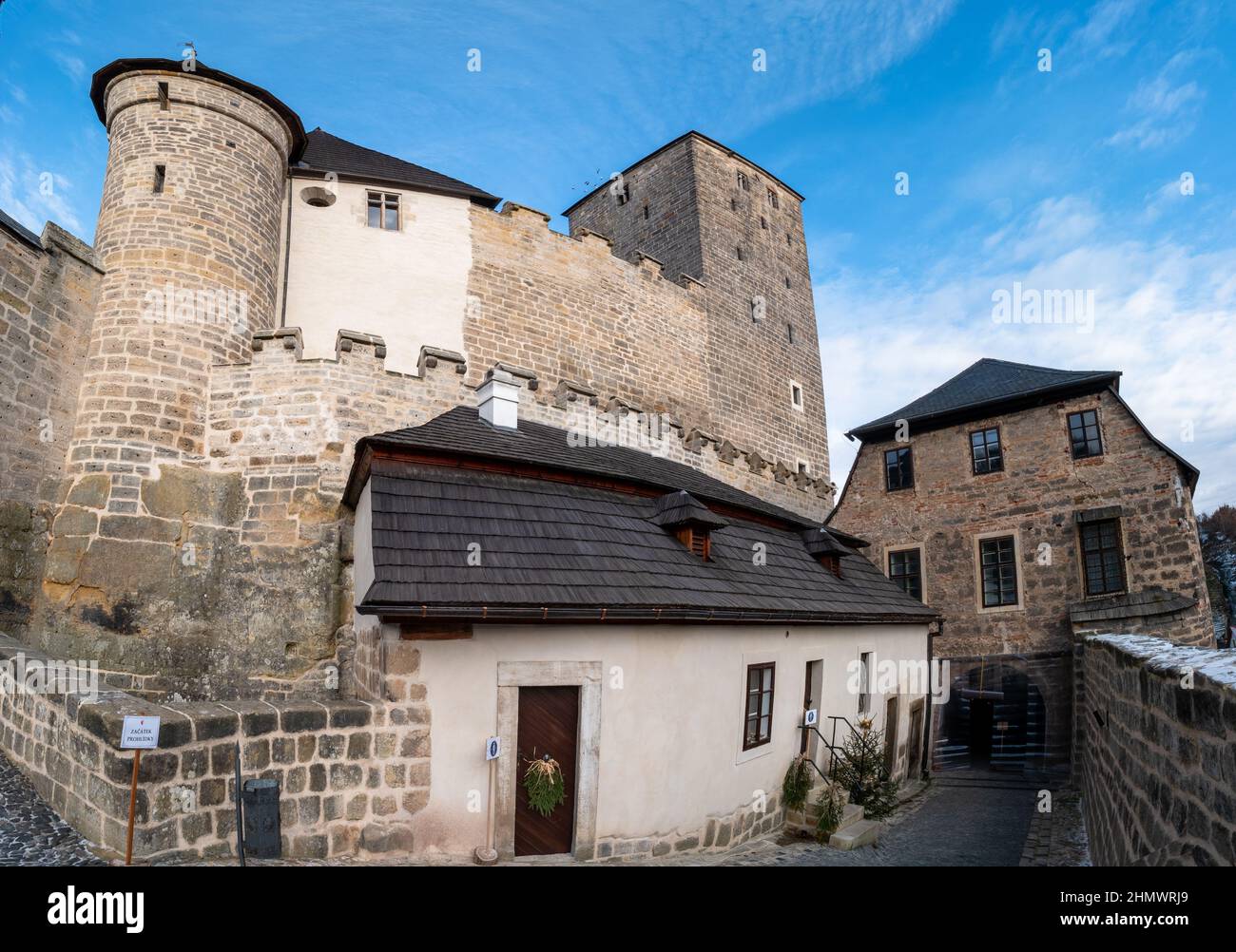 Medieval gothic castle Kost or Bone with tower in spring day, ancient ...