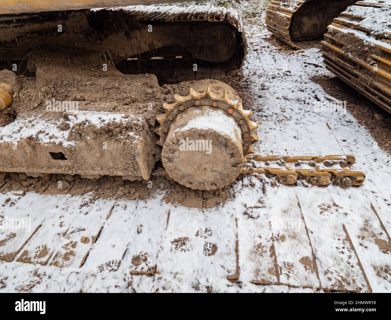 Detail of chain gear of tracked vehicle. Crawler tracks hydraulics on a ...
