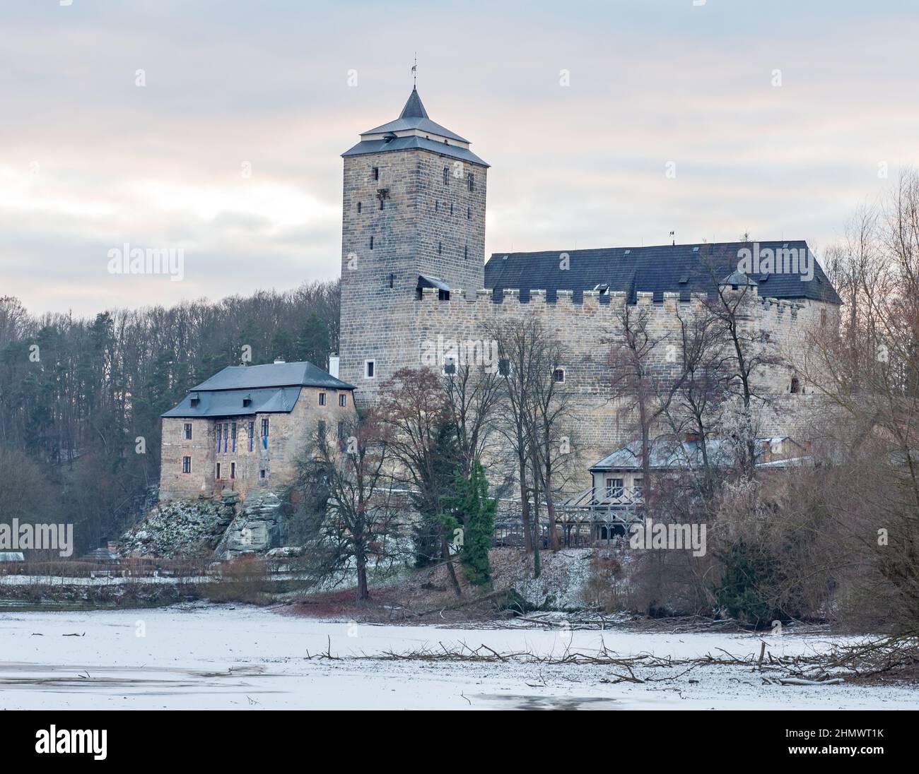 Medieval gothic castle Kost or Bone with tower in spring day, ancient ...