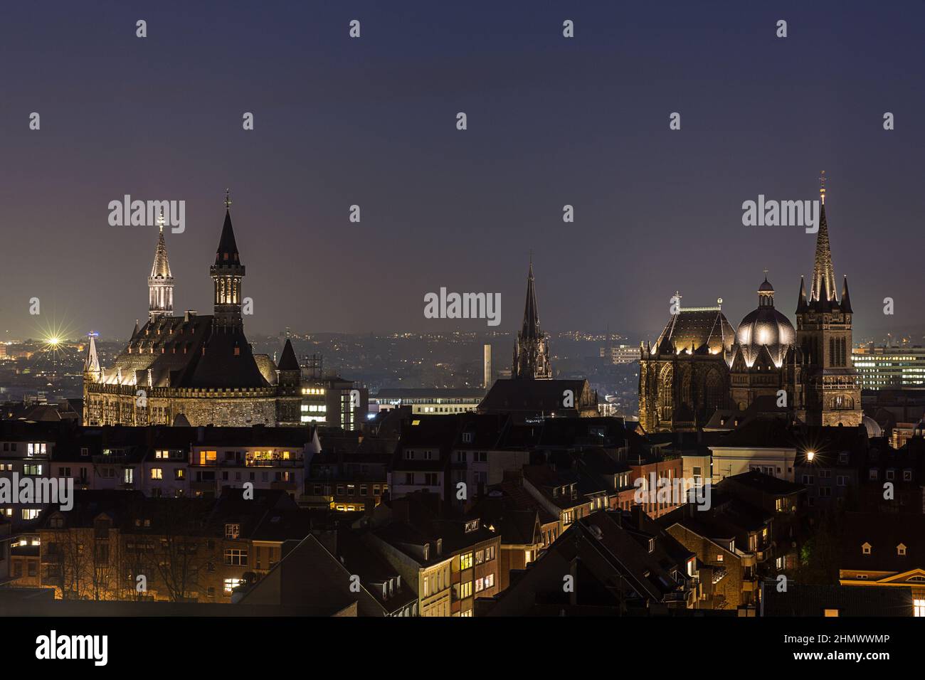 Aachen city with cathedral and town hall at night Stock Photo - Alamy