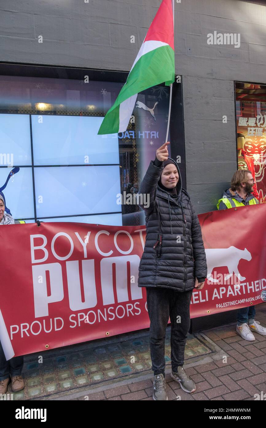 London, UK. 12th Feb 2022. Protesters at Puma's flagship Carnaby St ...