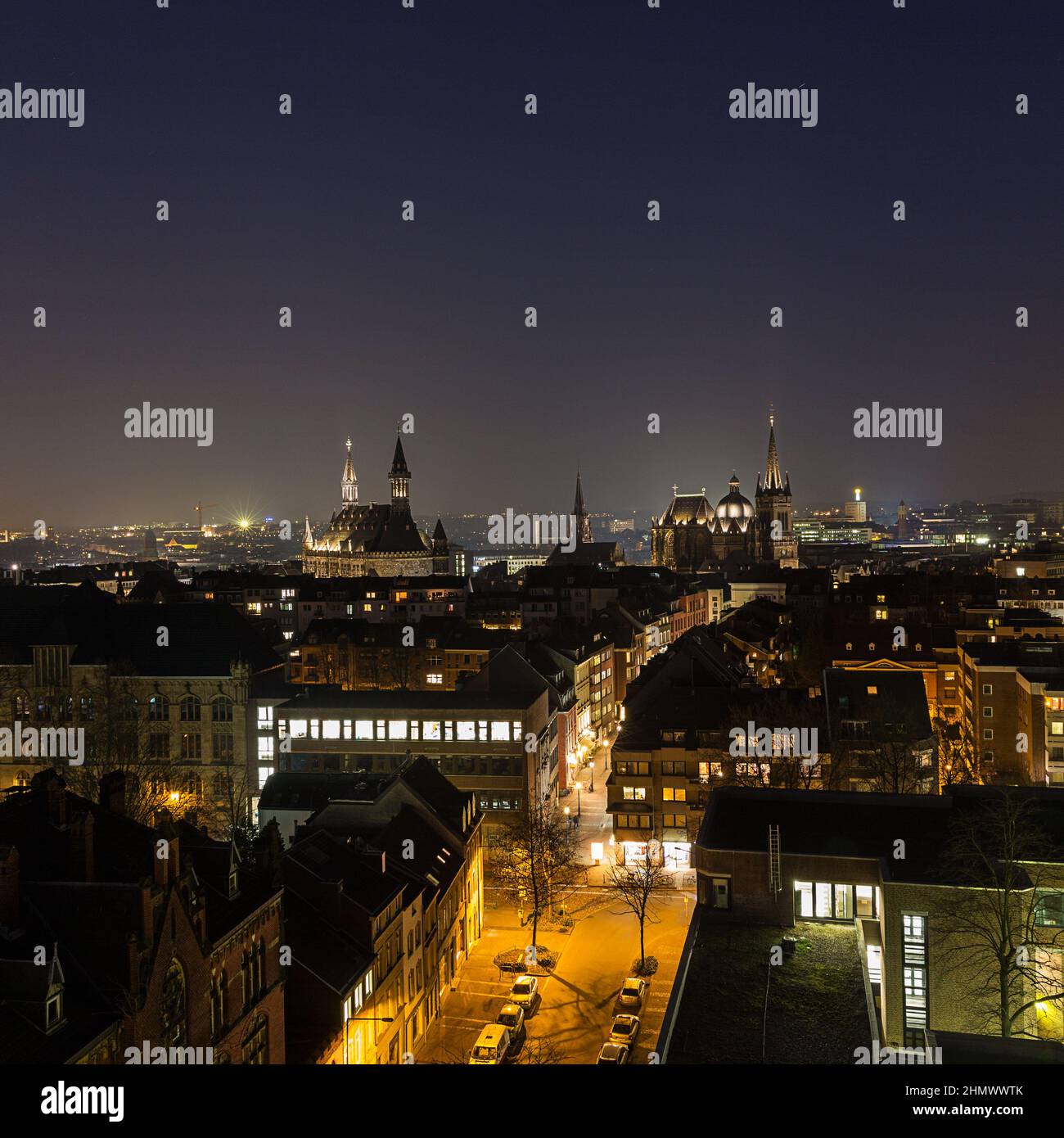 aachen city with town hall and cathedral at night Stock Photo - Alamy
