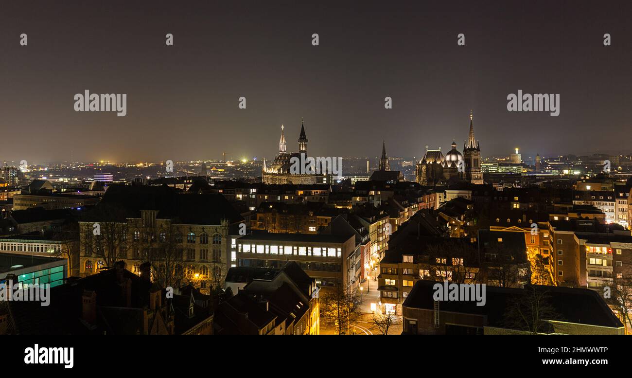 aachen city with town hall and cathedral at night Stock Photo - Alamy