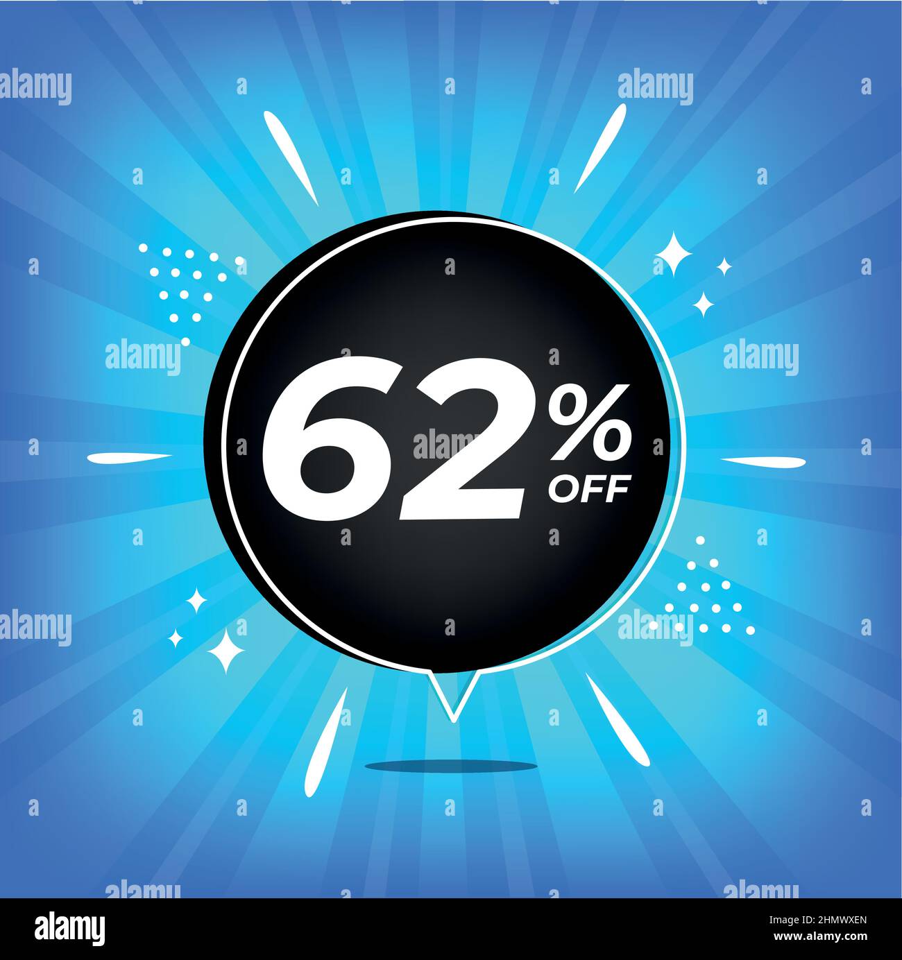 62% off. Blue banner with sixty-two percent discount on a black balloon ...