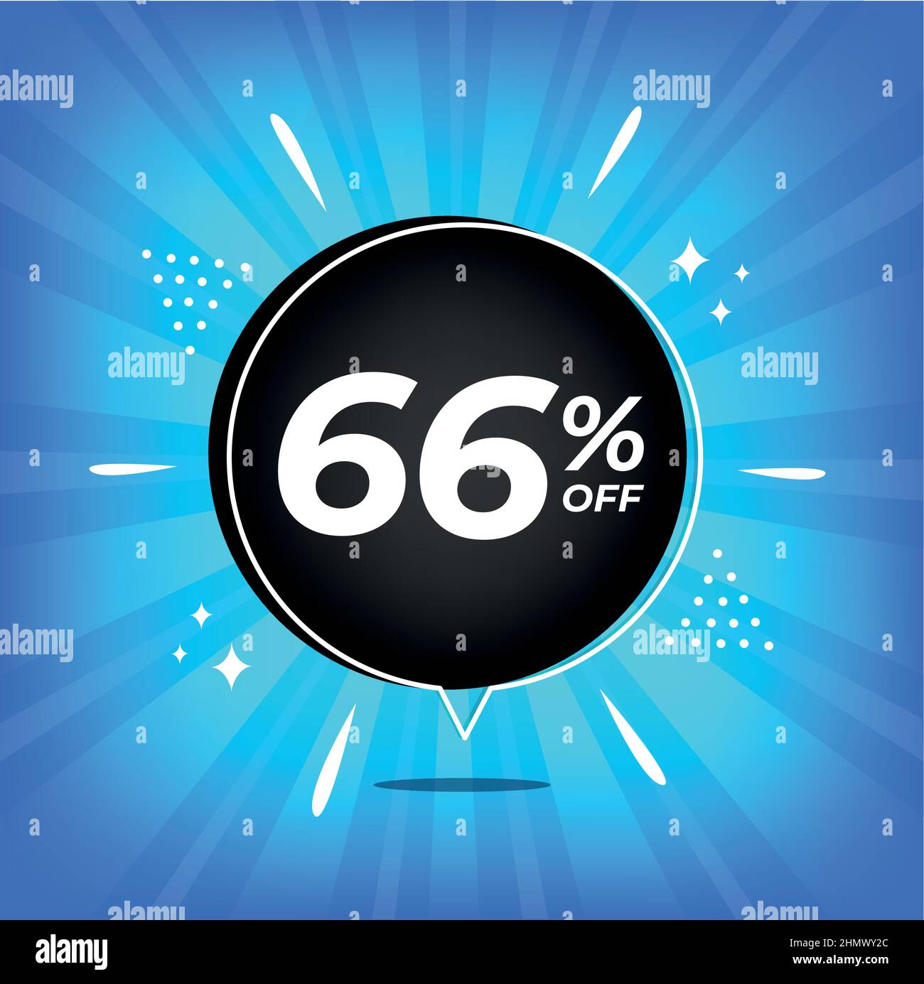 66% off. Blue banner with sixty-six percent discount on a black balloon ...