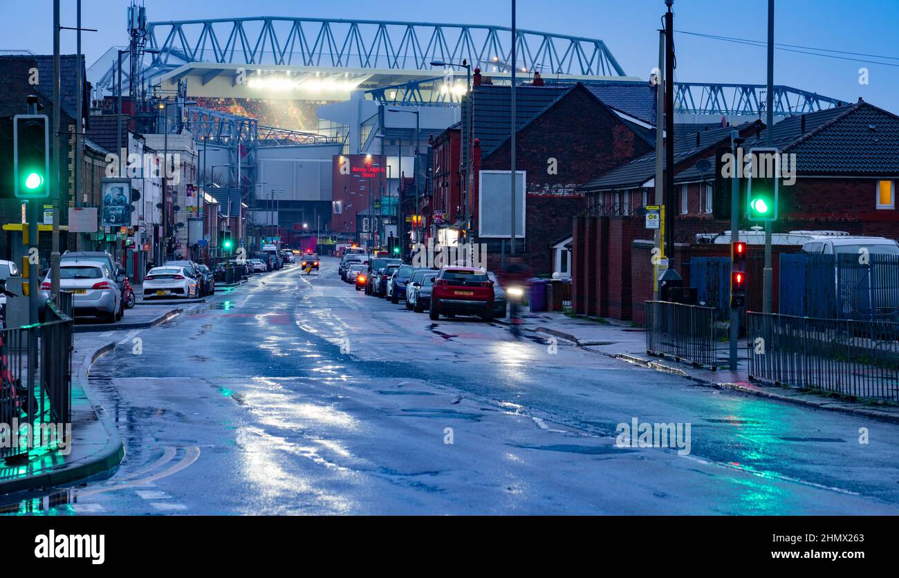 Liverpool Football Club's Anfield Ground on a wet match day in December ...
