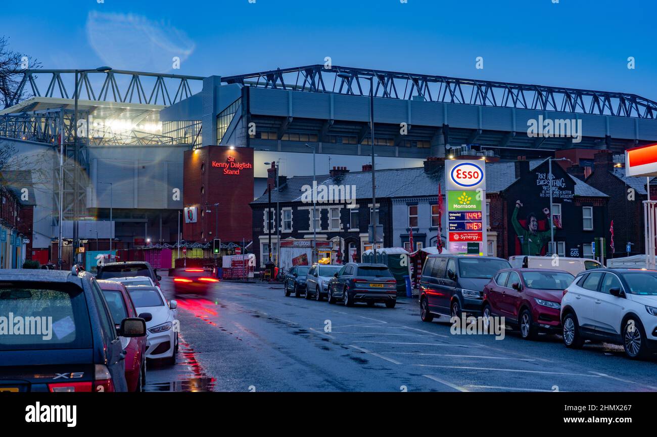 Liverpool Football Club's Anfield Ground on a wet match day, viewed ...