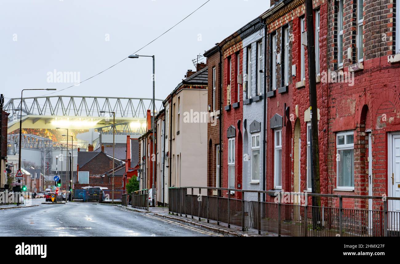 Liverpool Football Club's Anfield Ground on a wet match day in December ...