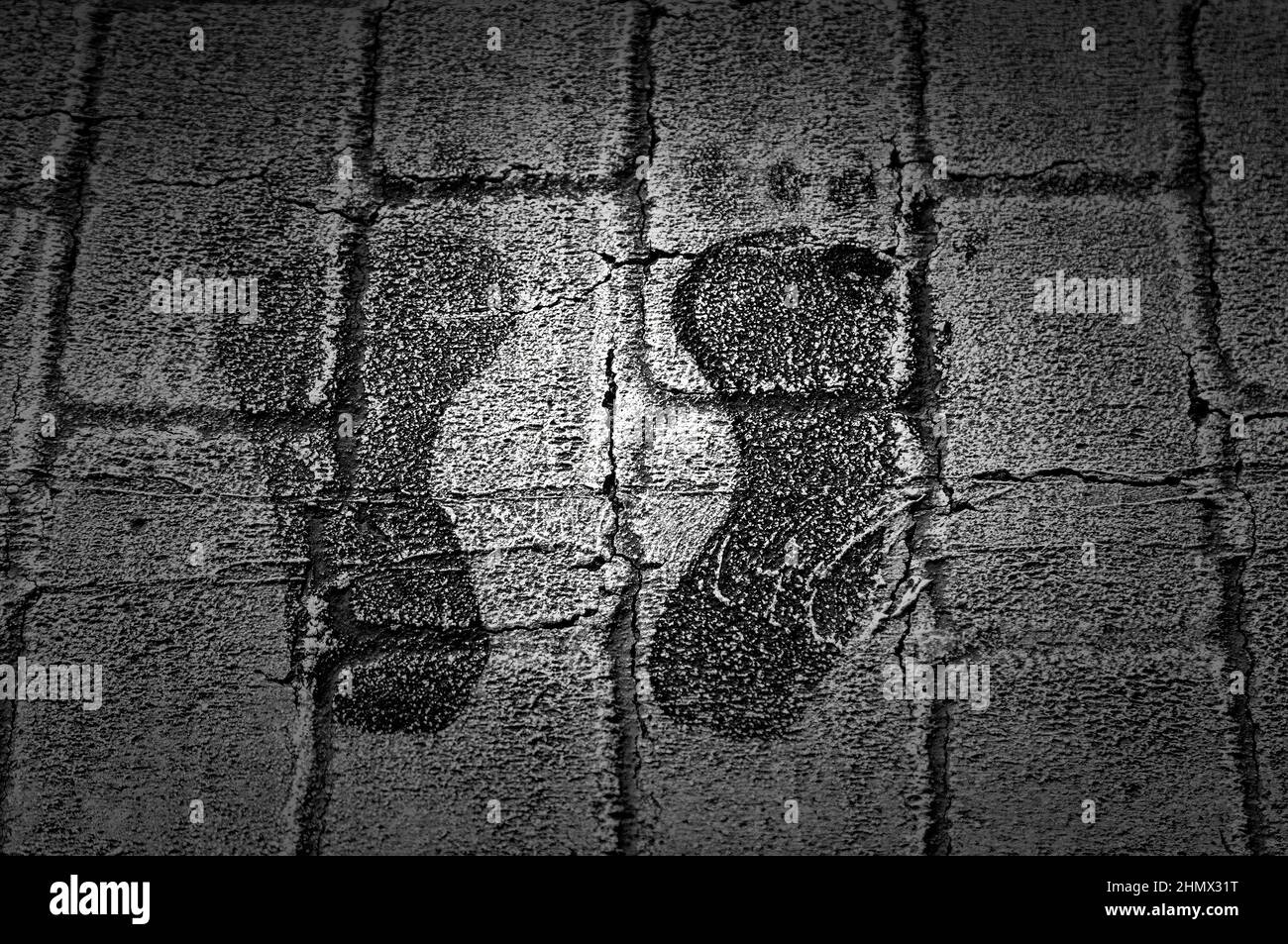 Footprints on city zebra crossing, signs and transport Stock Photo - Alamy