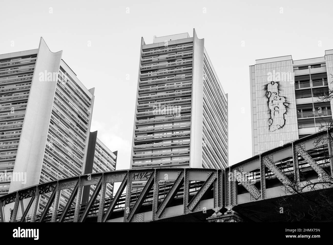 A bridge used by the metro trains of Paris and skyscraper residential ...