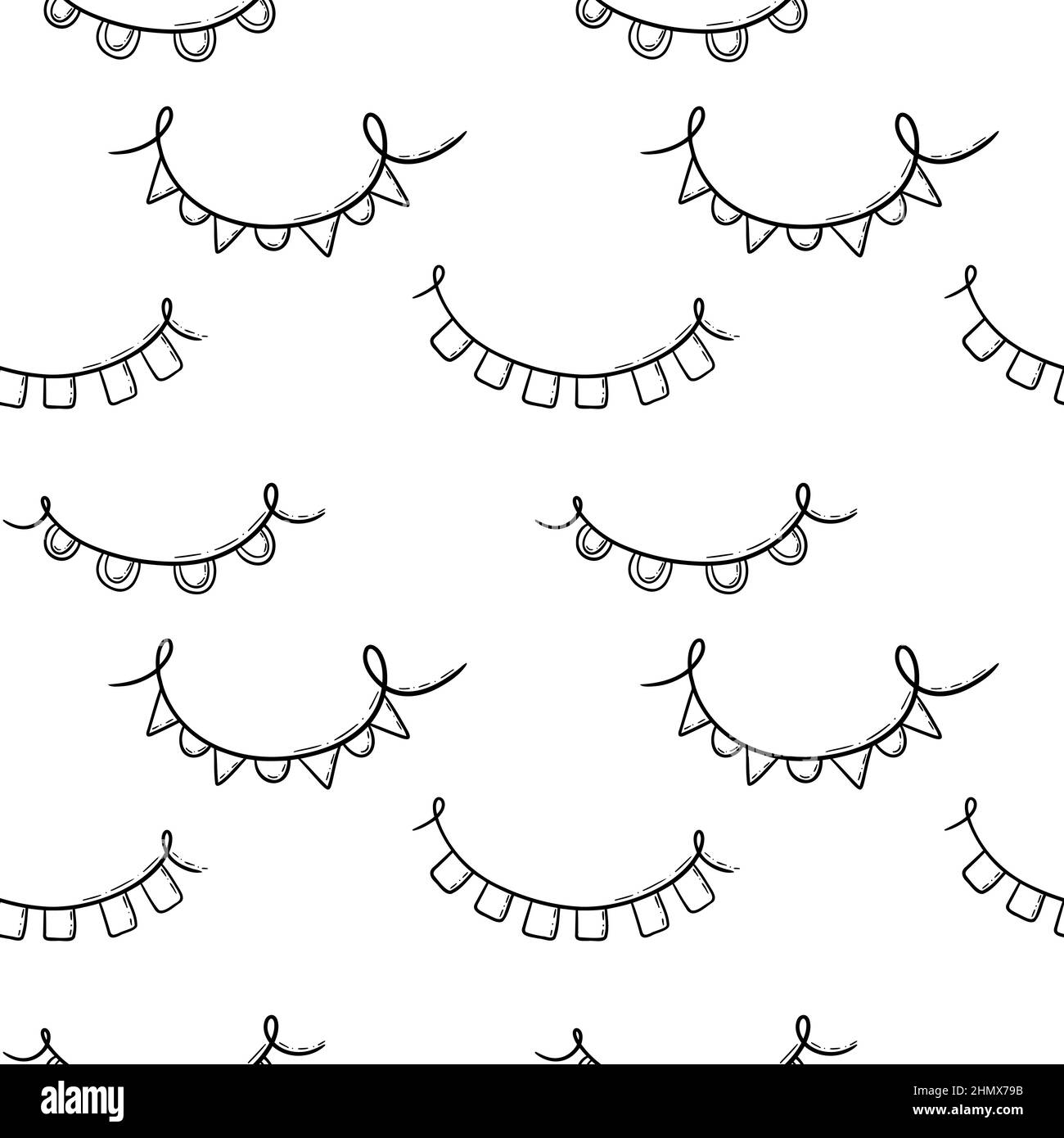 Doodle style garland set with black outline. Triangle, lamp, flowers ...