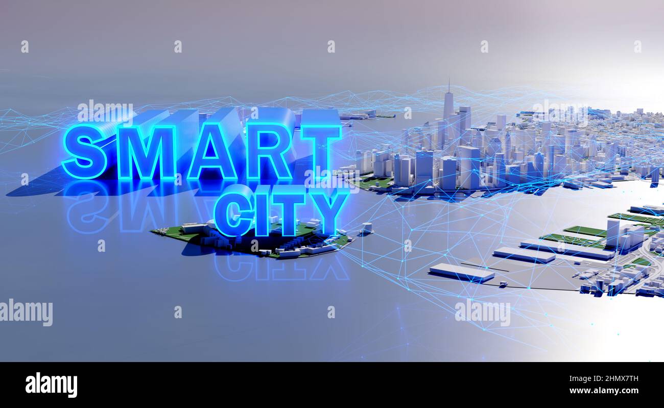 Smart Network and Connection Technology Concept mega city background ...