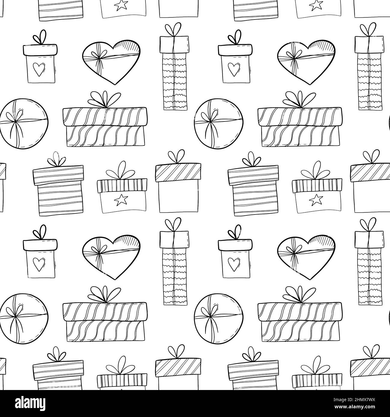Black outline doodle gift boxes seamless pattern on white background ...