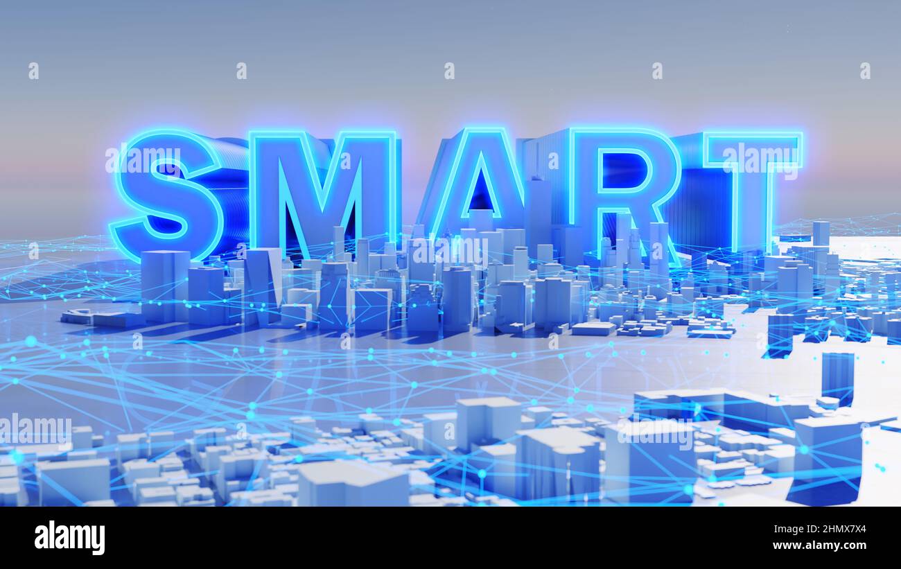 Glowing standing smart wording in urban city and futuristic technology ...