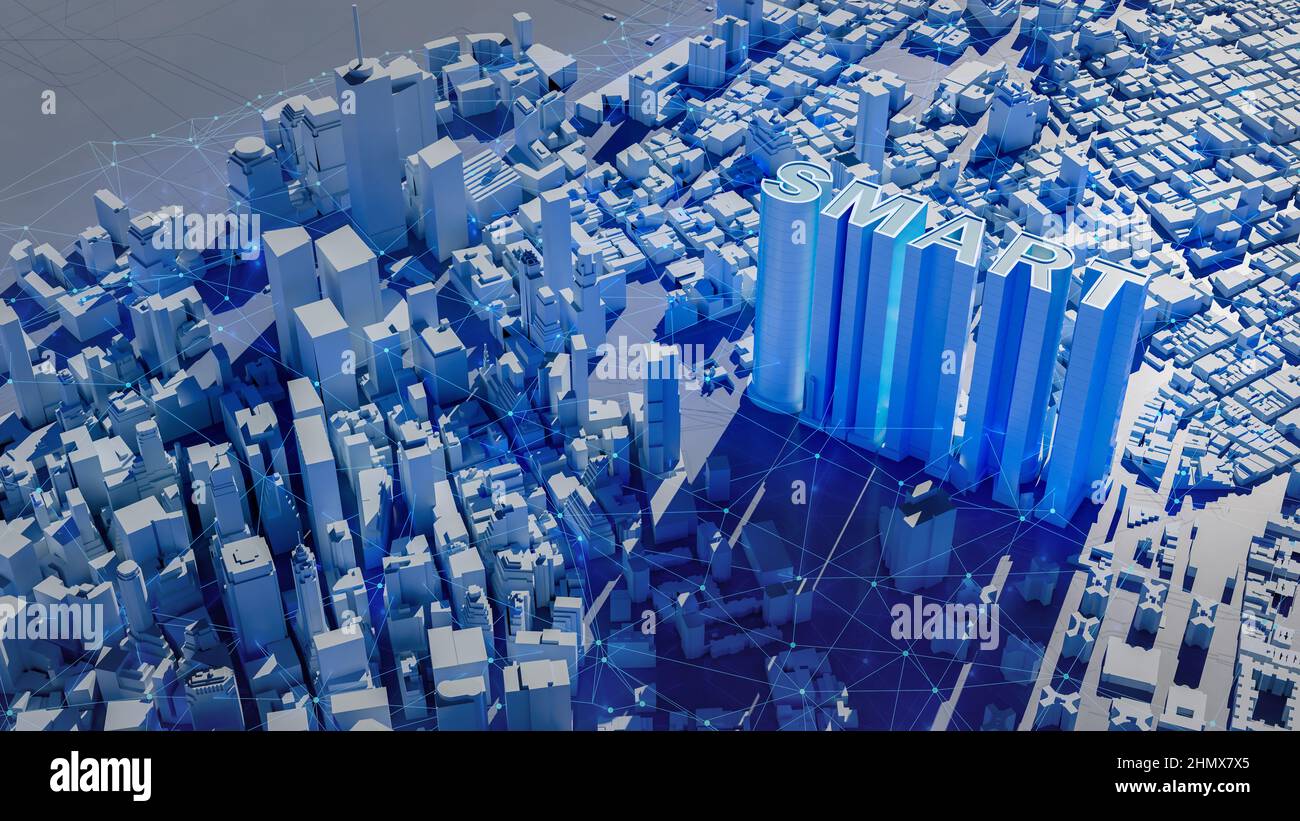 Glowing smart building in techno mega city background, urban and ...