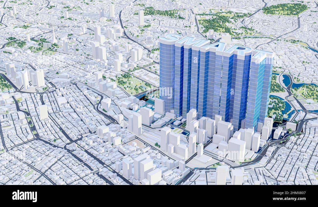 Smart building in techno mega city background, urban and futuristic ...