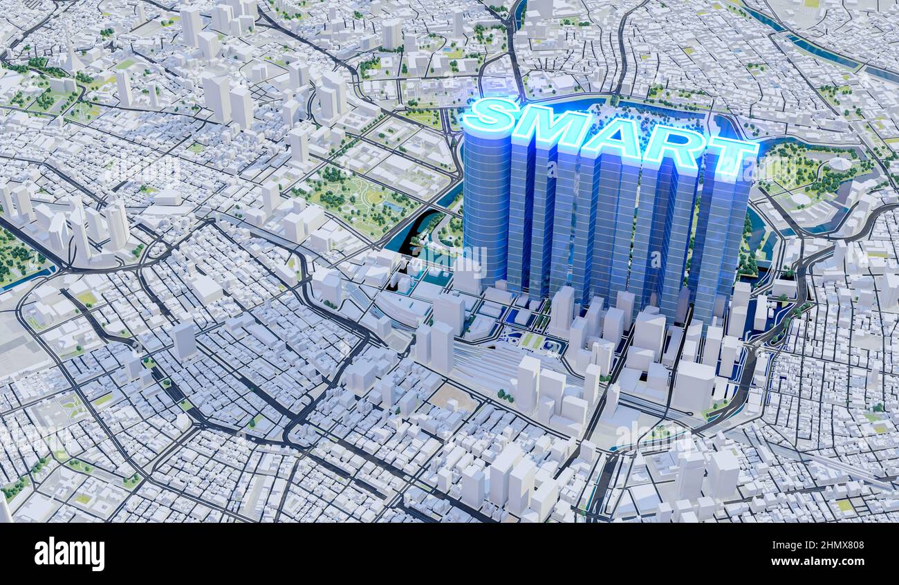 Glowing smart building in techno mega city background, urban and ...