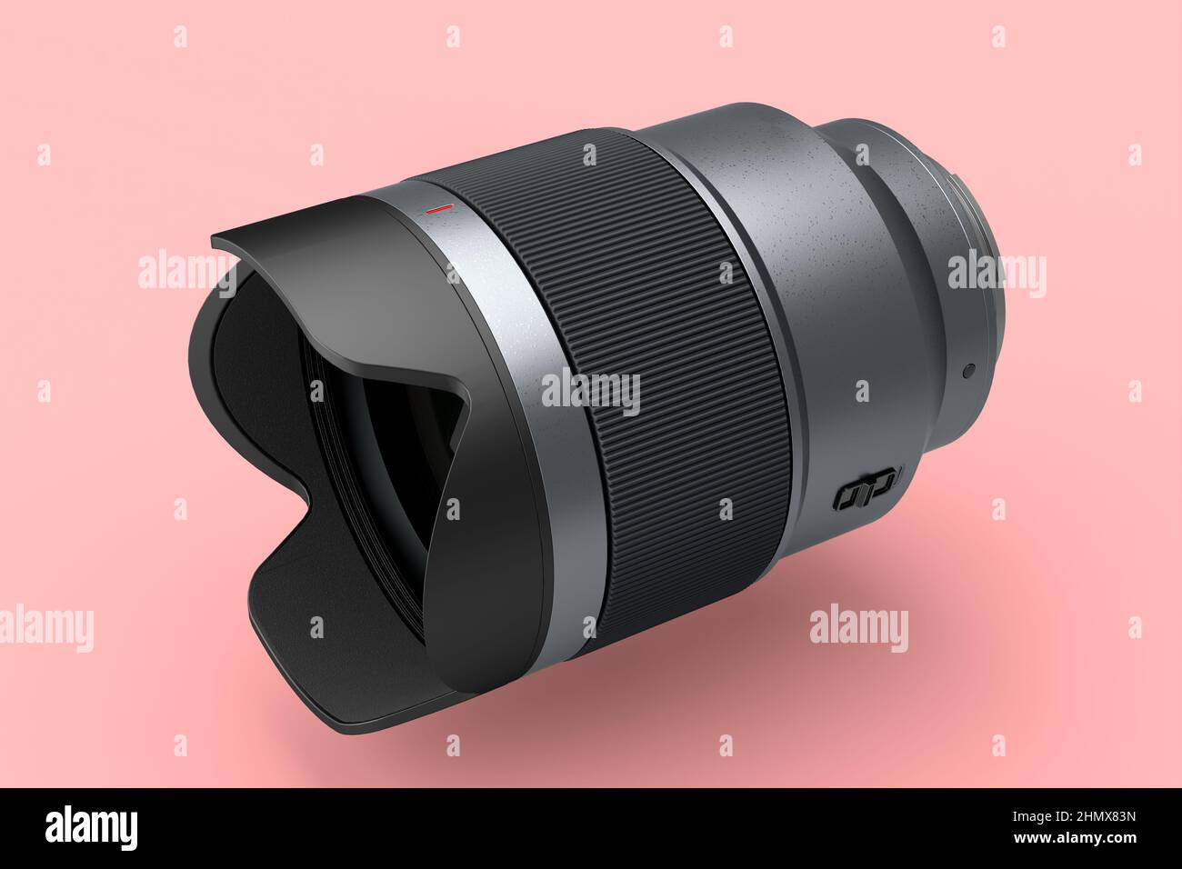 Modern nonexistent silver DSLR macro camera lens on pink background. 3D ...