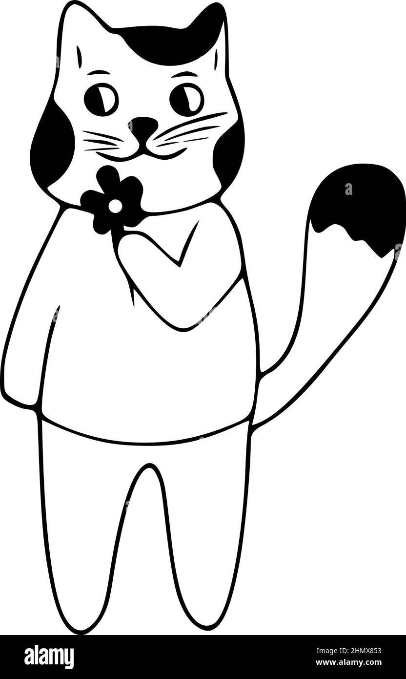 Cute cat and flower doodle icon. Cute pets vector art on white ...