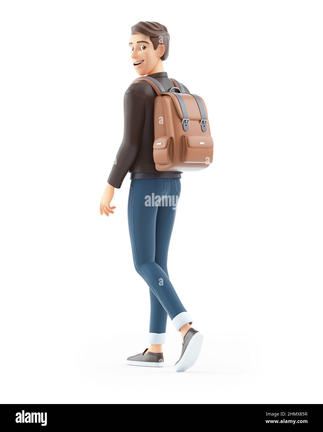 3d cartoon man walking with backpack, illustration isolated on white ...