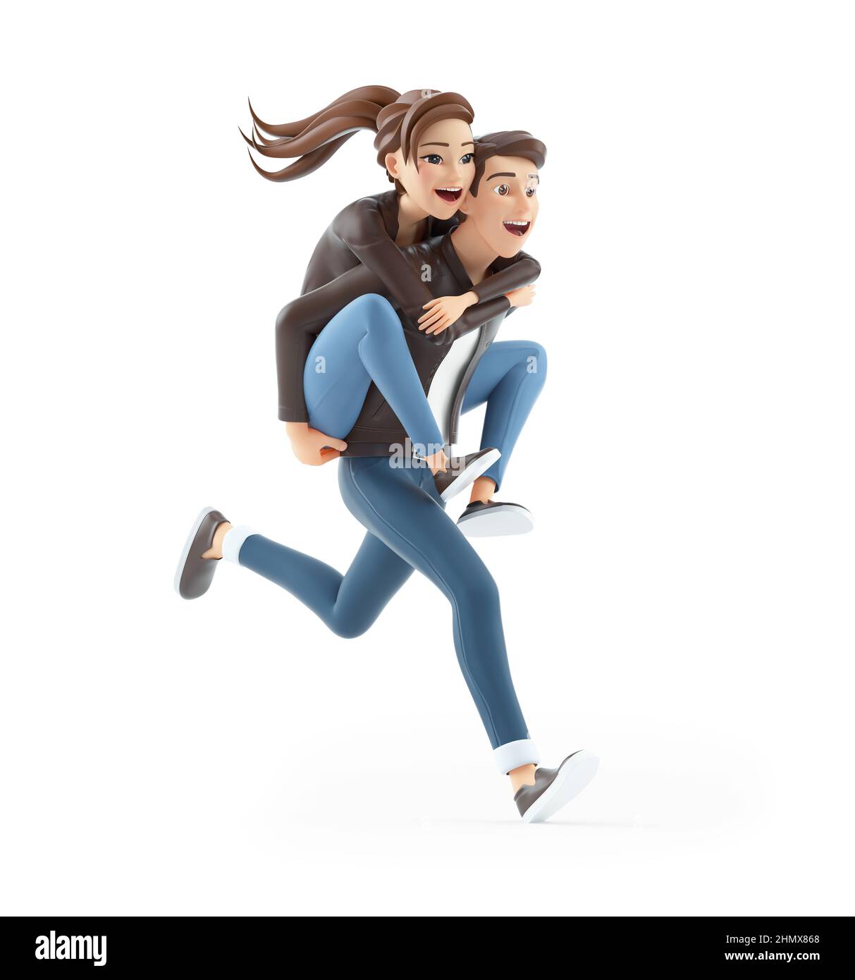 3d cartoon man running with woman on back, illustration isolated on ...