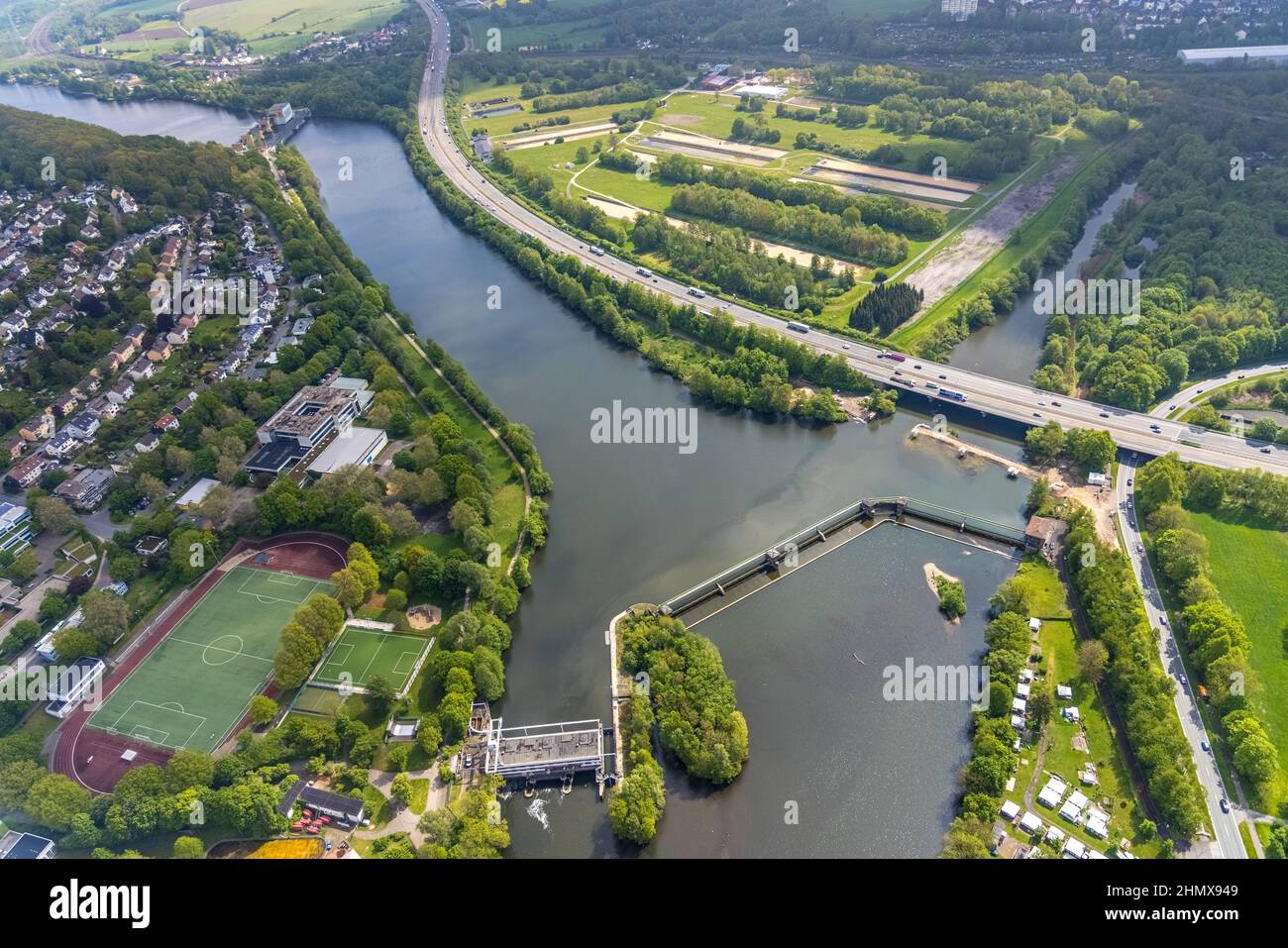 Aerial view, Stiftsmühle dam and power station, city border between ...