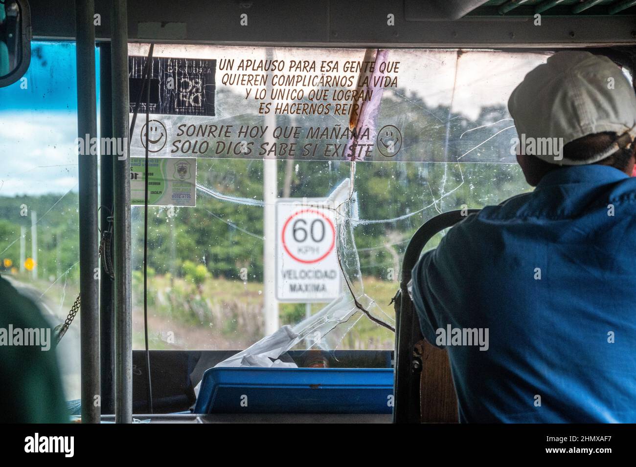 Inside of chicken bus Flores, Guatemala Stock Photo - Alamy