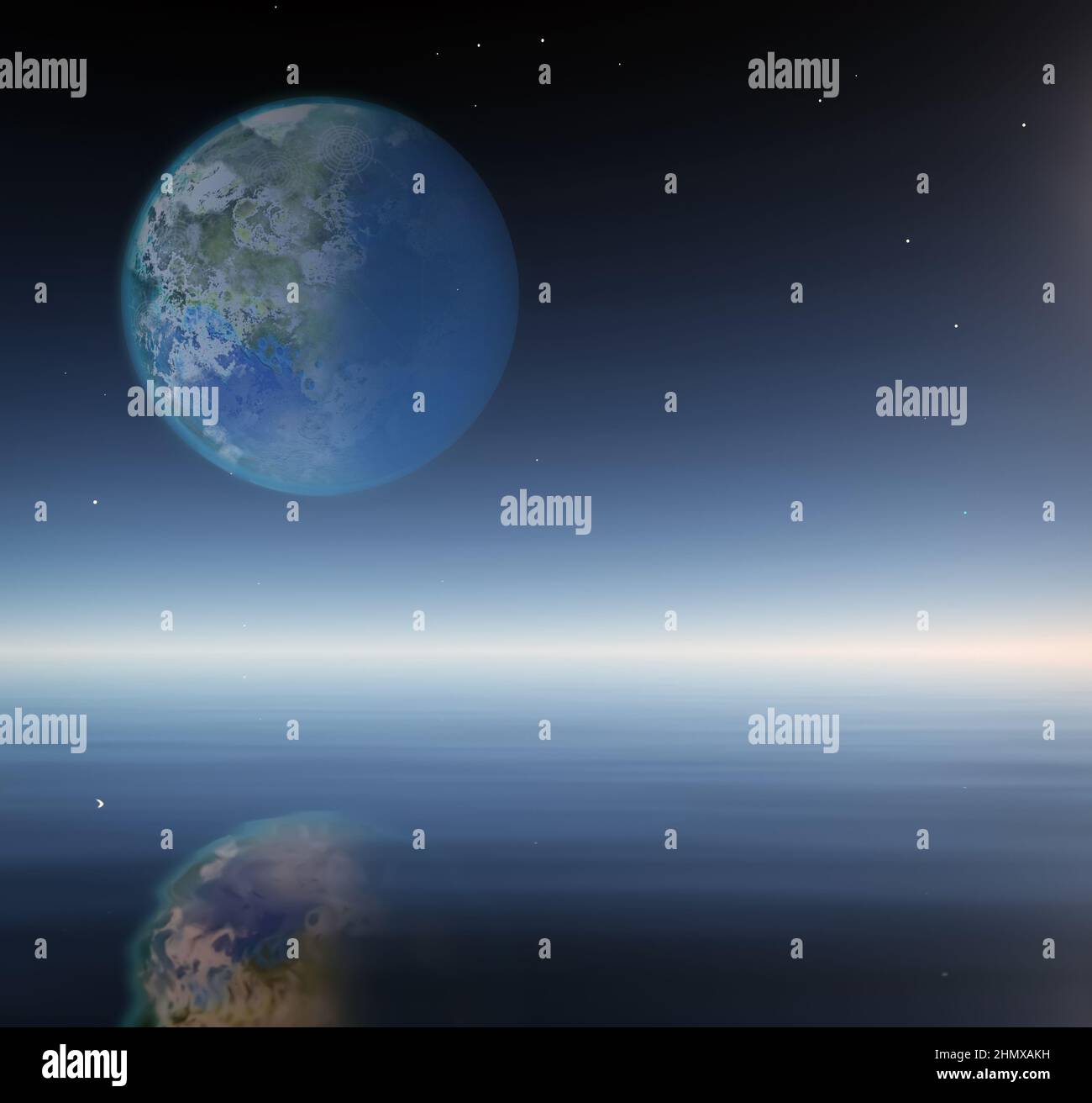 Terraformed Luna over water. 3D rendering Stock Photo - Alamy