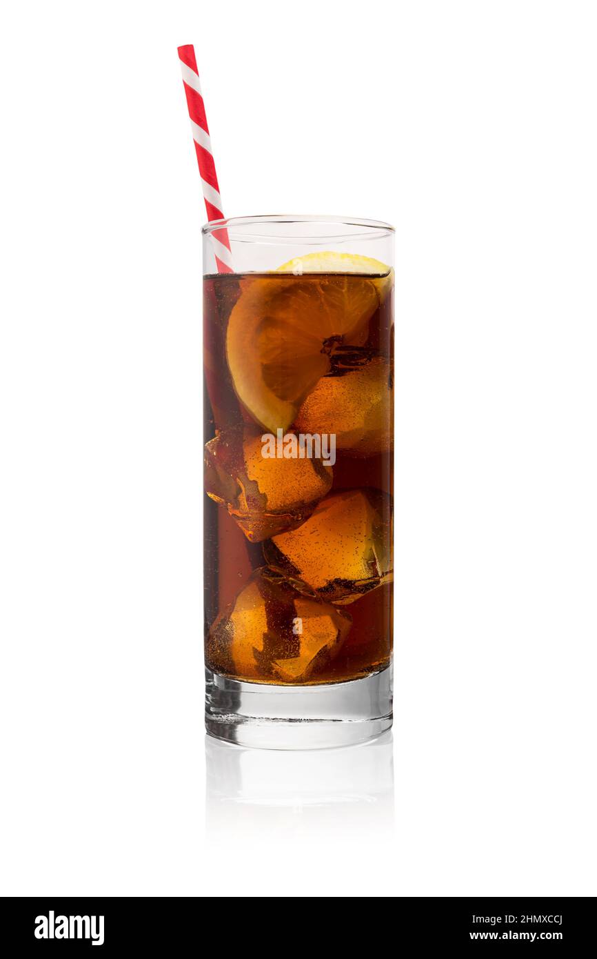 Cola drink in a glass with ice cubes and straw Stock Photo - Alamy