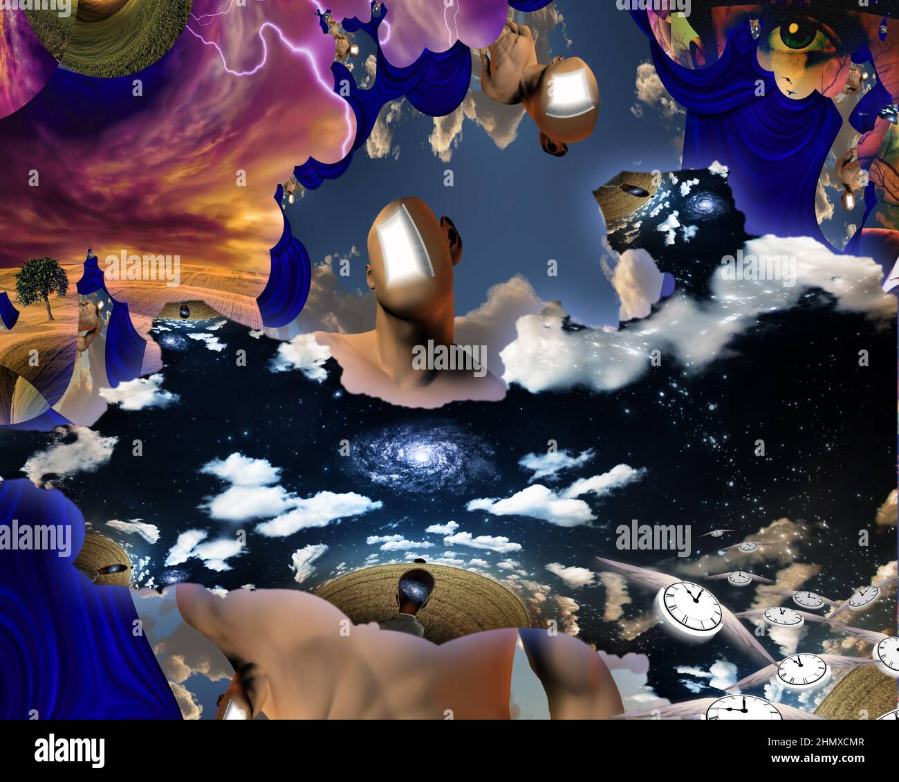 Human, time and mind elements. Surreal art. 3D rendering Stock Photo ...