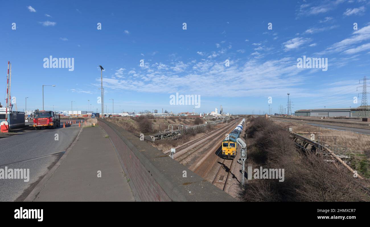 A Freightliner class 66 locomotive passes Grangetown (Teesside) with ...