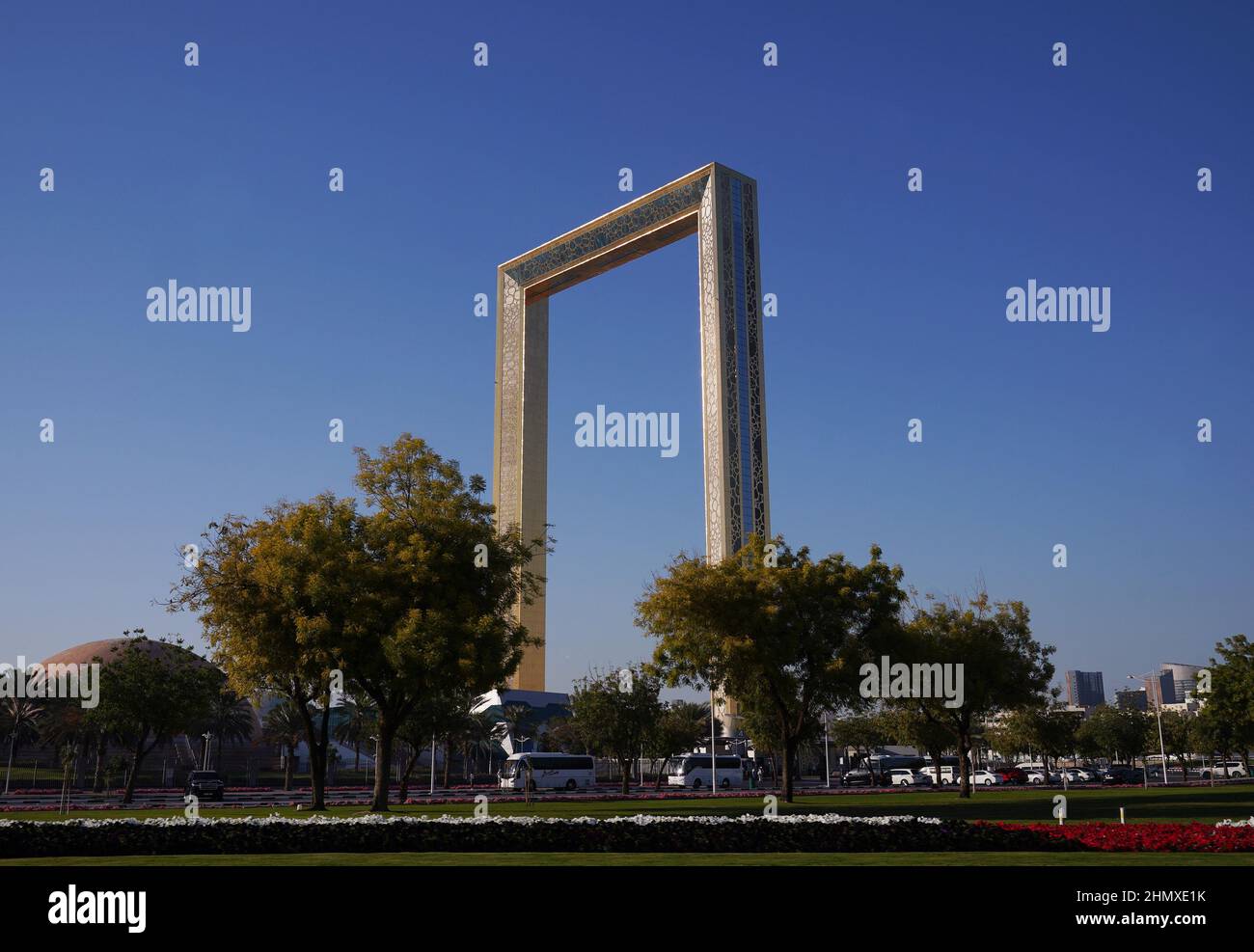 Architectural landmark the Dubai Frame in Zabeel Park, Dubai, in the ...