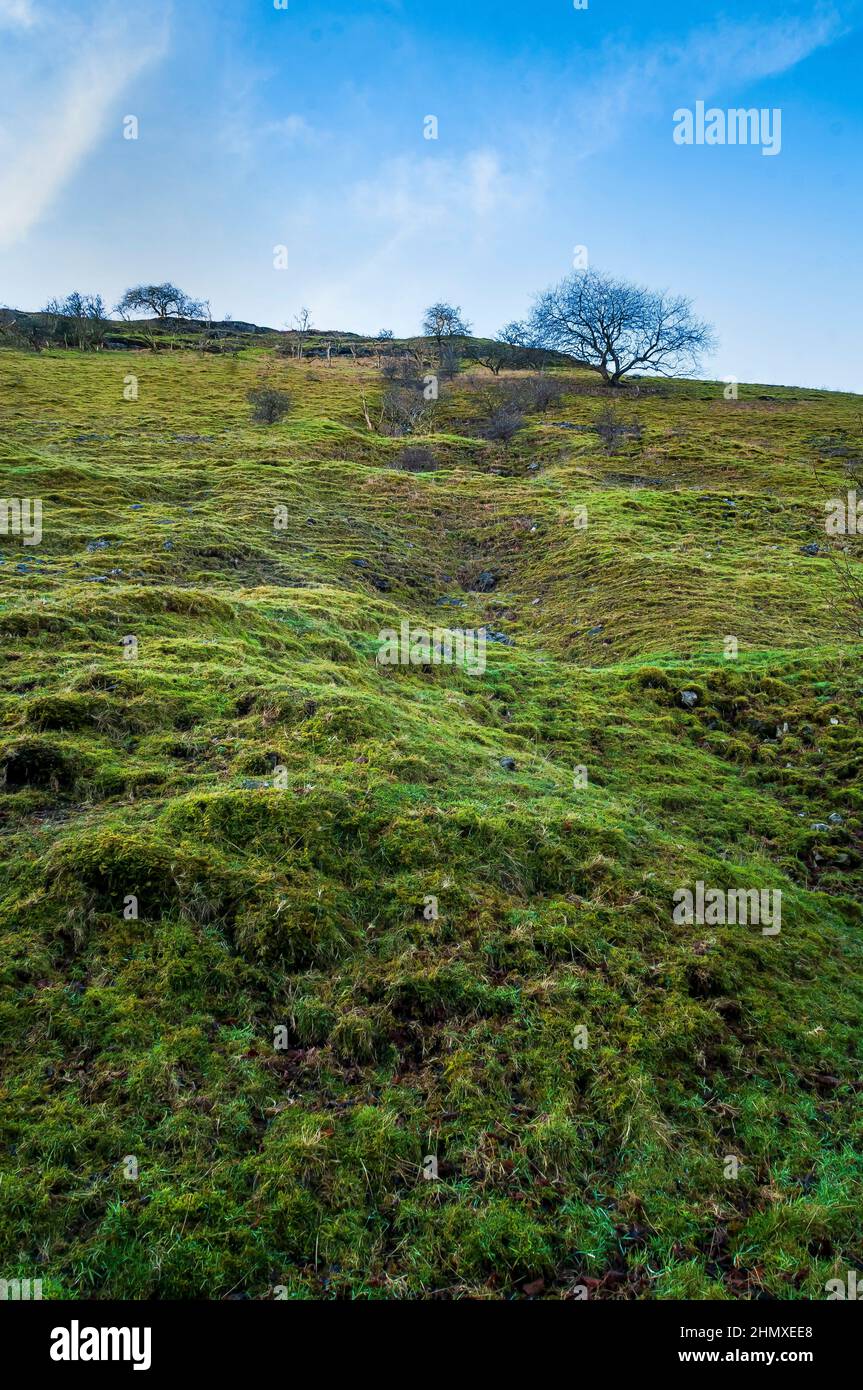 Ancient hillocks and opencuts from lead mining, traversing a steep ...