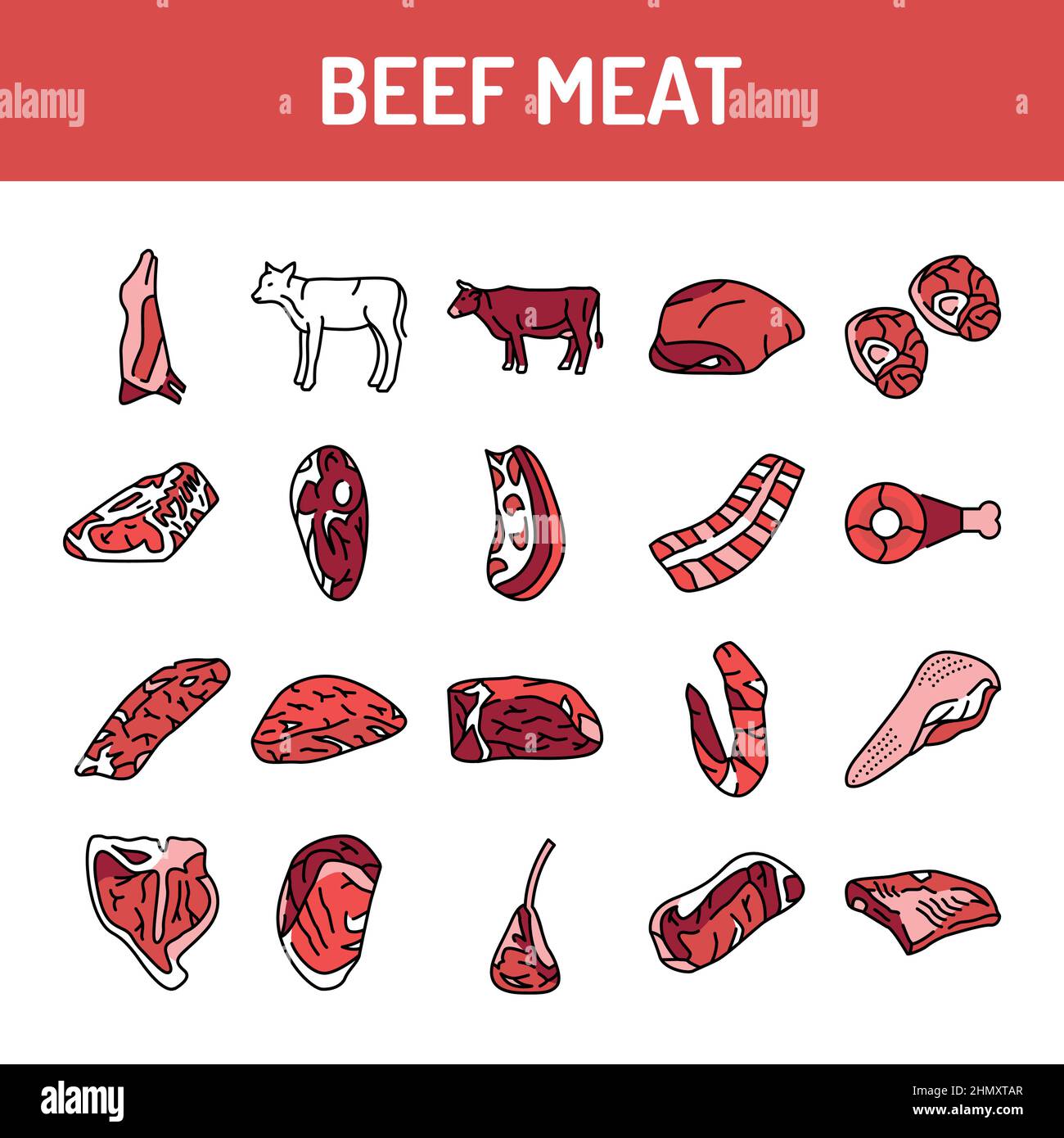 Beef meat color line icons set. Pictograms for web page Stock Vector ...