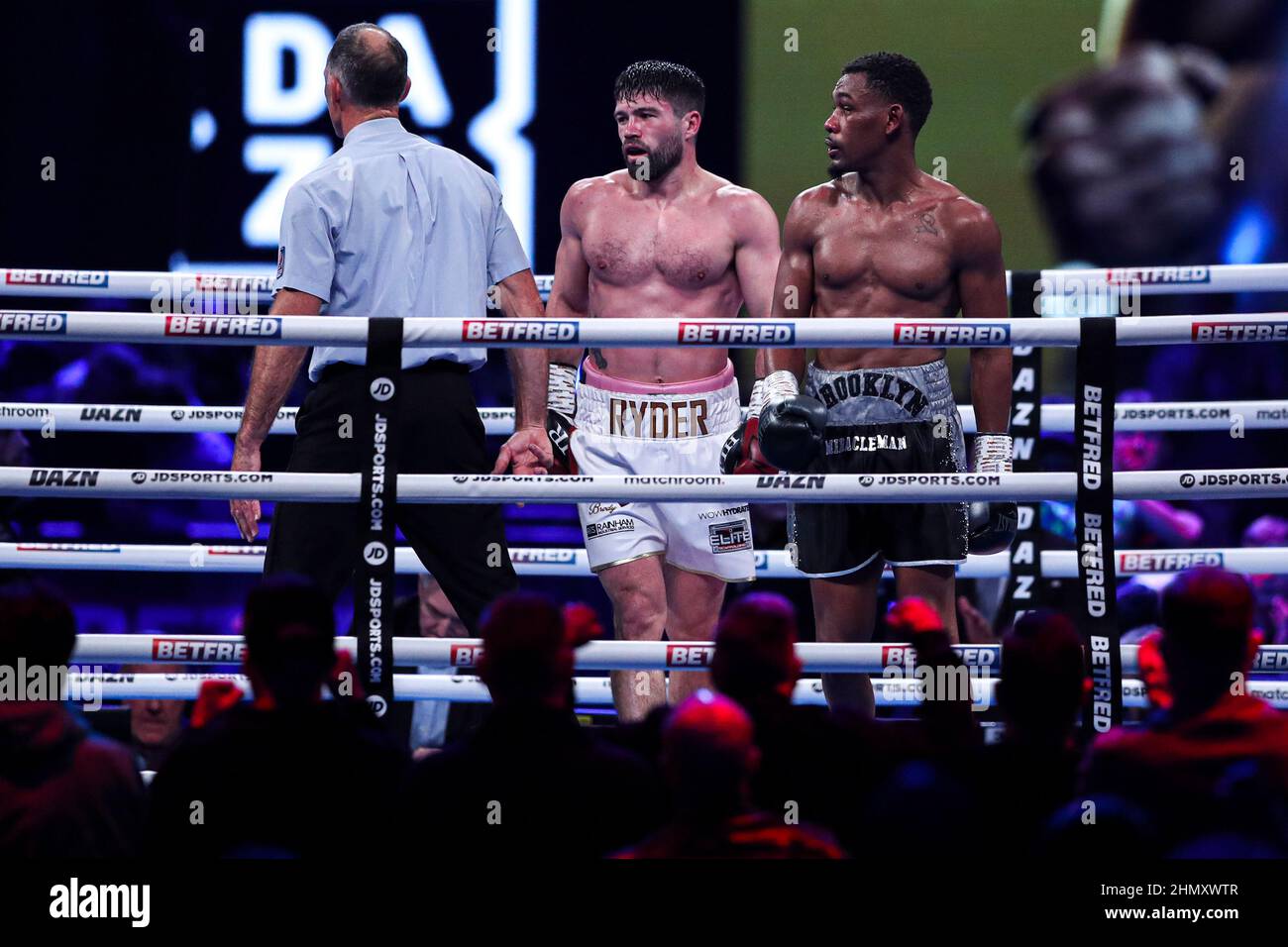 John Ryder (centre) and Daniel Jacobs after their WBA Super ...
