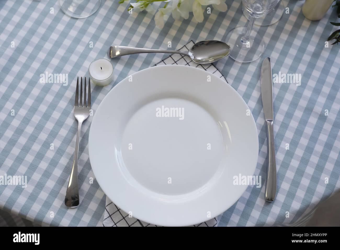Dining table with beautiful setting, top view Stock Photo - Alamy