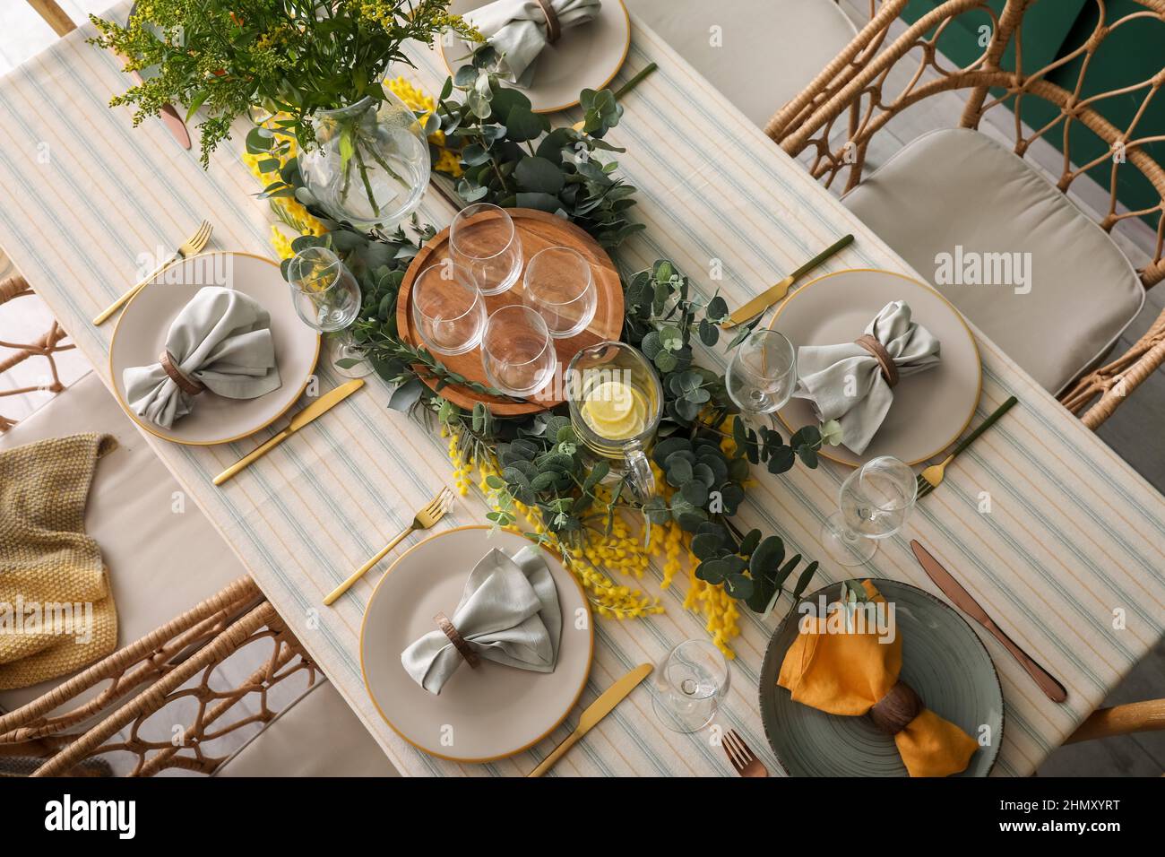 Dining table with beautiful setting, top view Stock Photo - Alamy