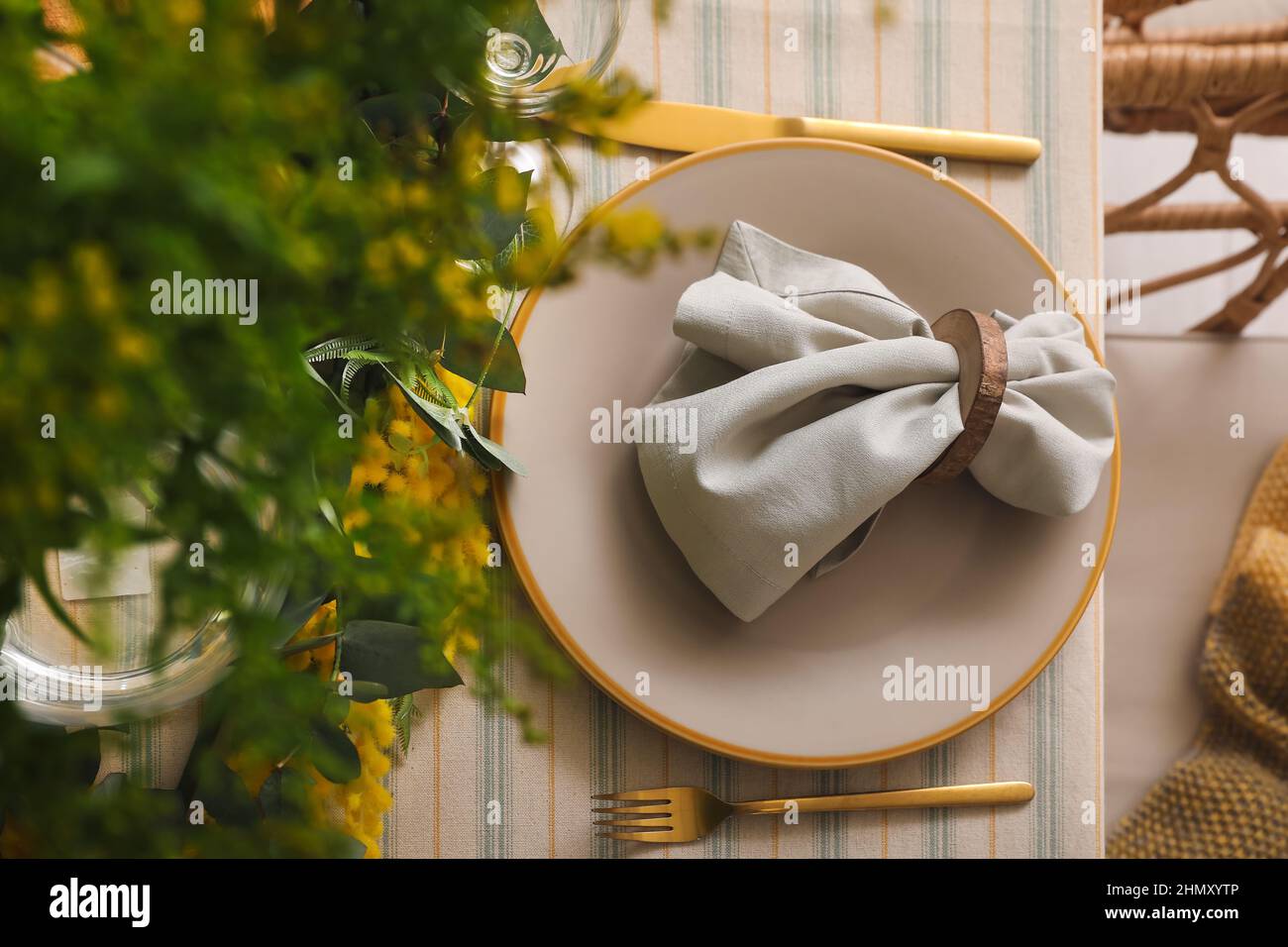 Dining table with beautiful setting, top view Stock Photo - Alamy