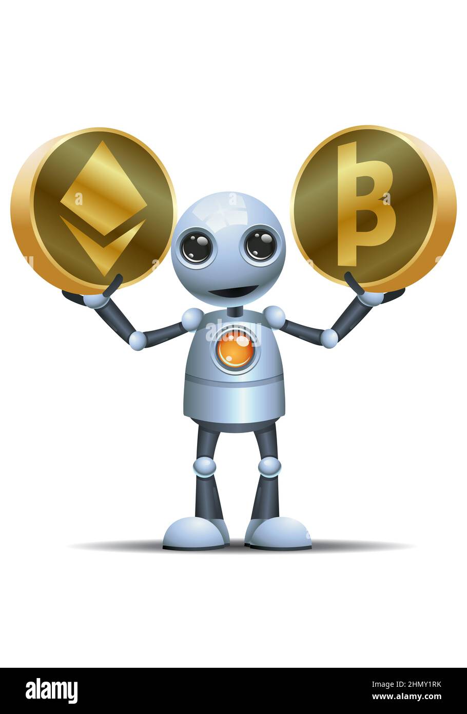 3D illustration of a little robot hold ethereum coin and bit coin on ...