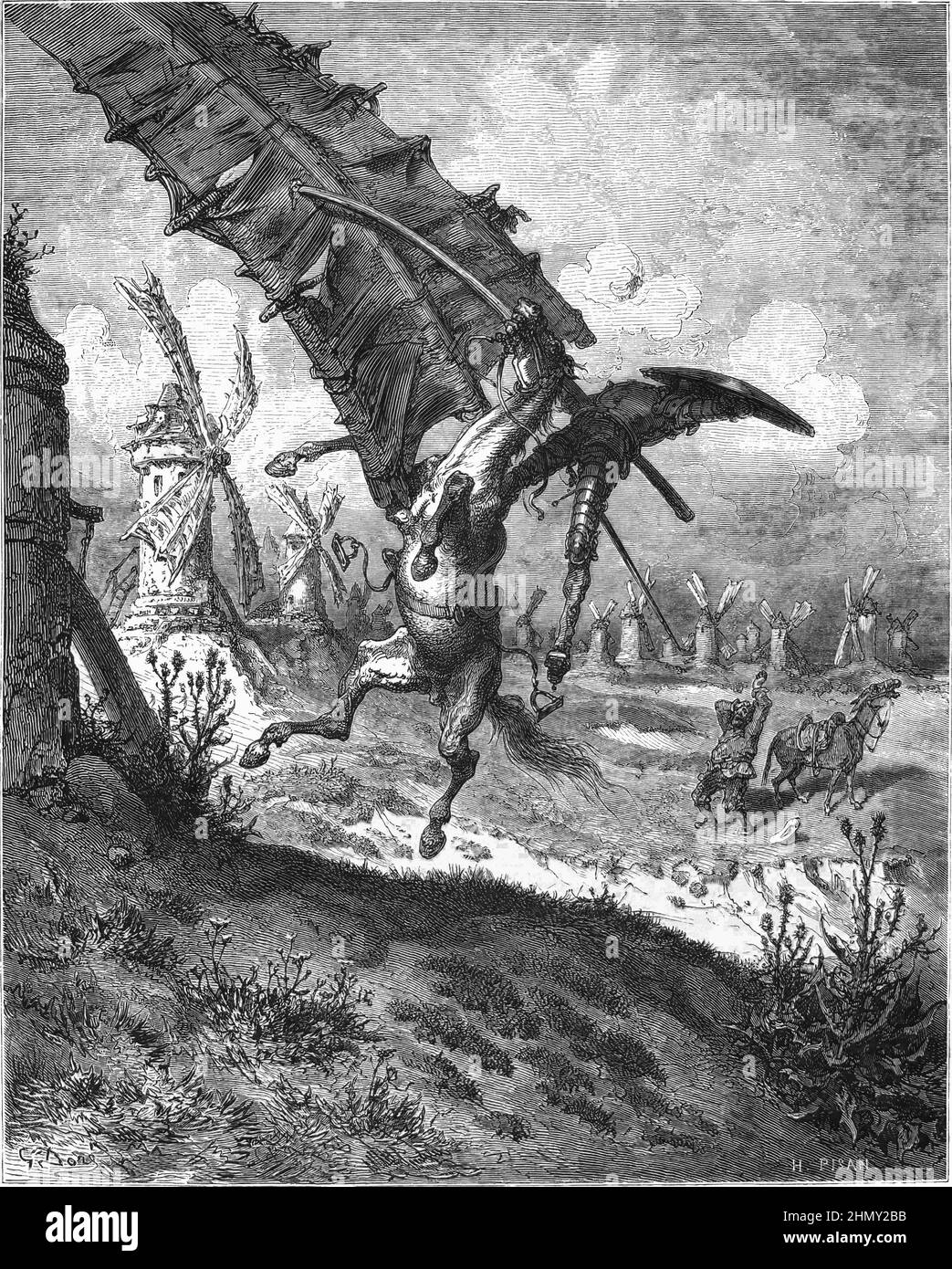 The windmill scene from Don Quijote, by Gustave Doré Stock Photo - Alamy