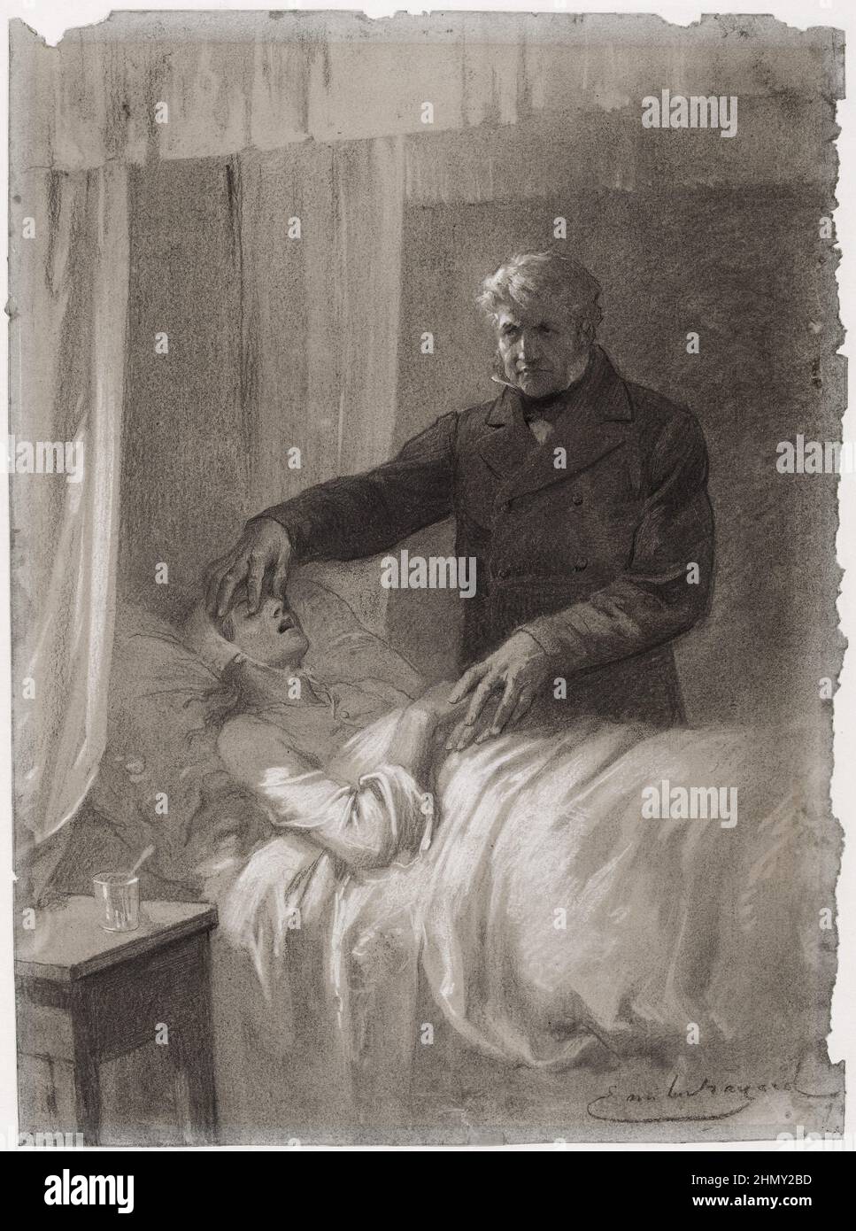 An illustration of Jean Valjean closing Fantine's eyes after her ...