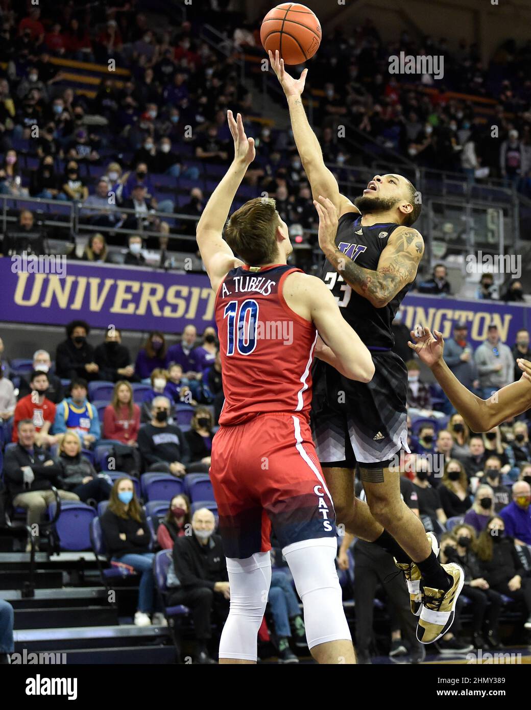 February 12, 2022: Washington guard Terrell Brown Jr goes up for a shot ...