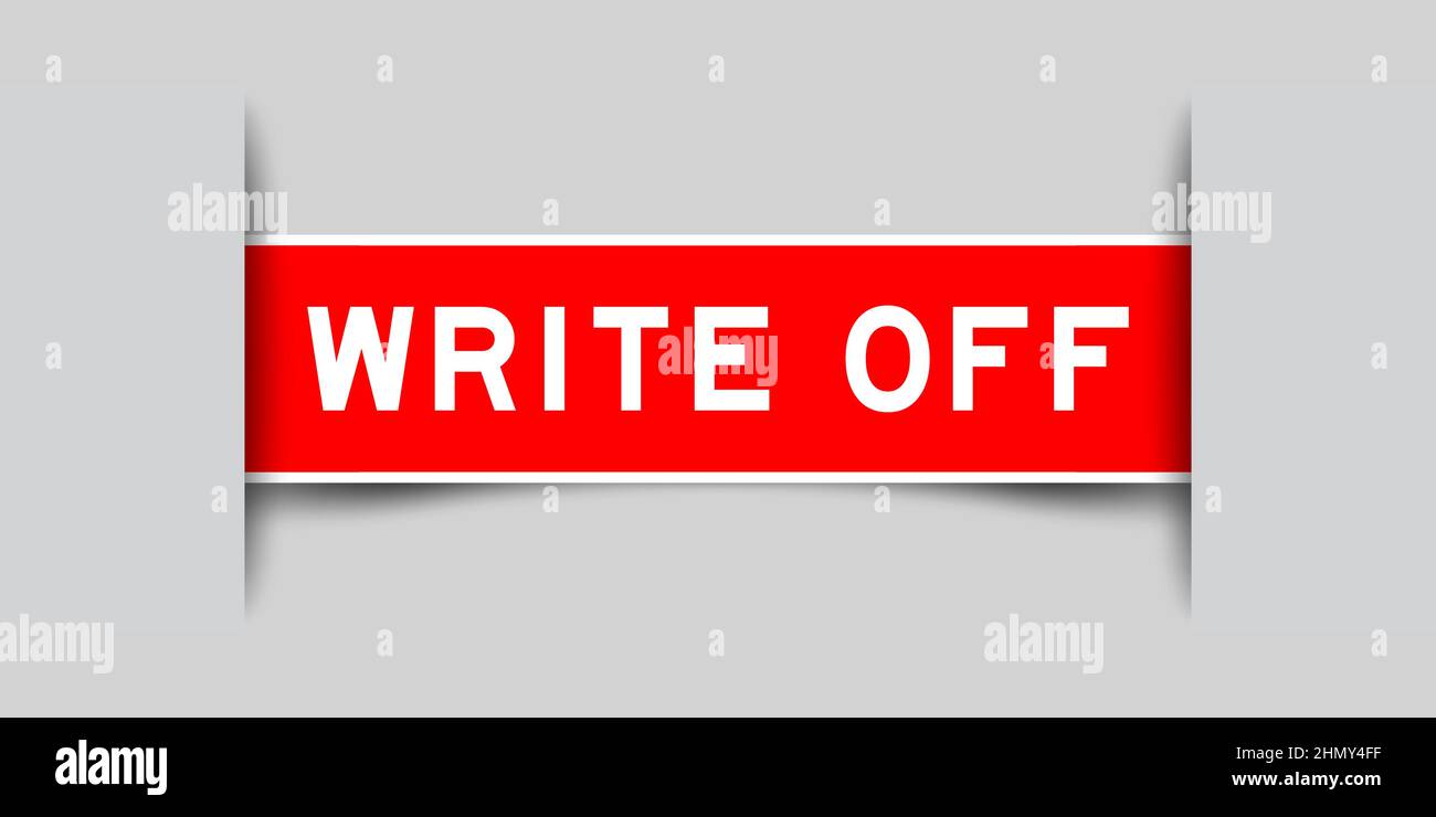 Inserted red color label sticker with word write off on gray background ...