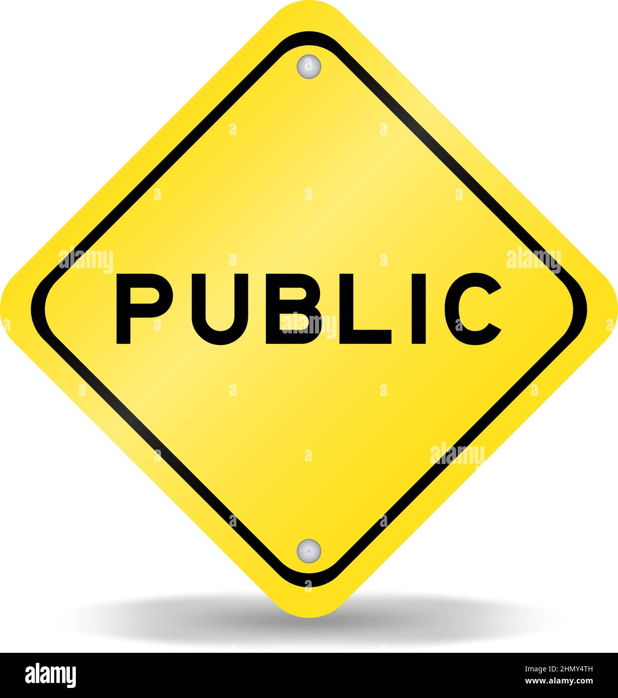 Yellow color transportation sign with word public on white background ...